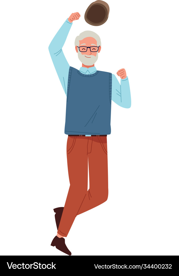 Happy old man celebrating with beret chararacter Vector Image