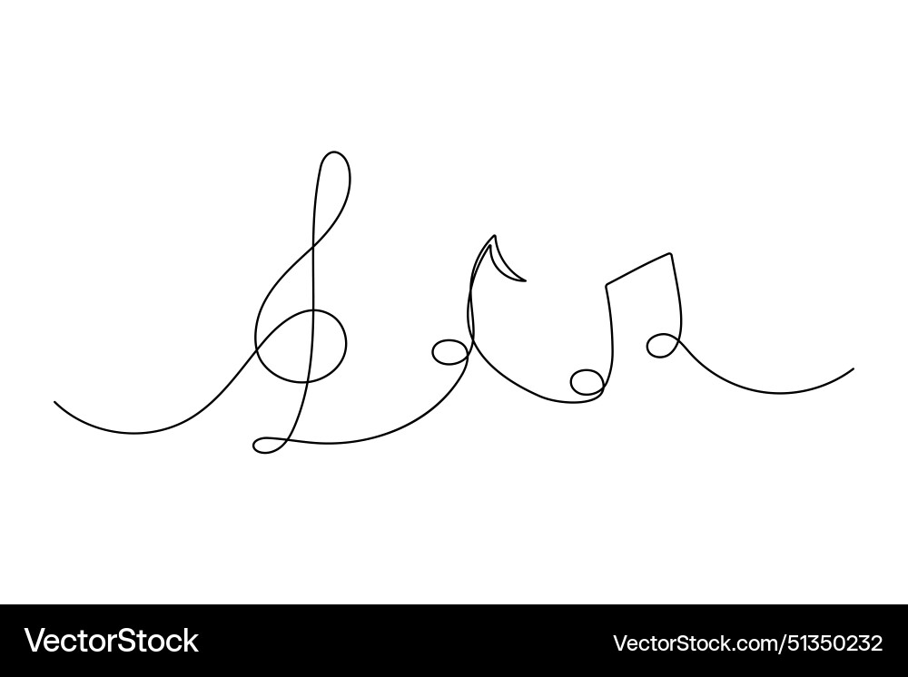 One line musical notes and treble clef outline Vector Image