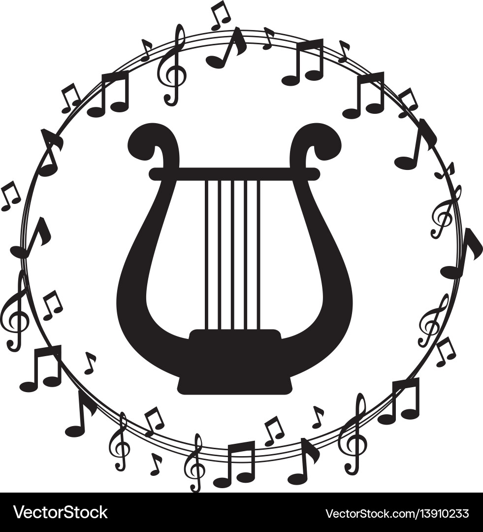 Border musical notes with harp instrument Vector Image