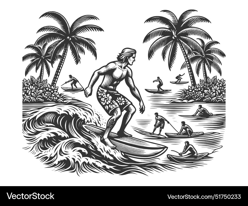 Surfer catching wave engraving Royalty Free Vector Image