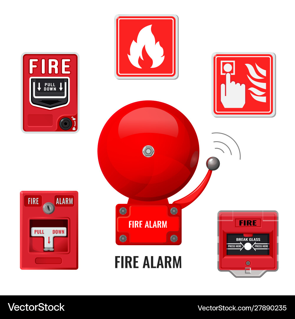 Fire alarm system icons set red ringing bell Vector Image