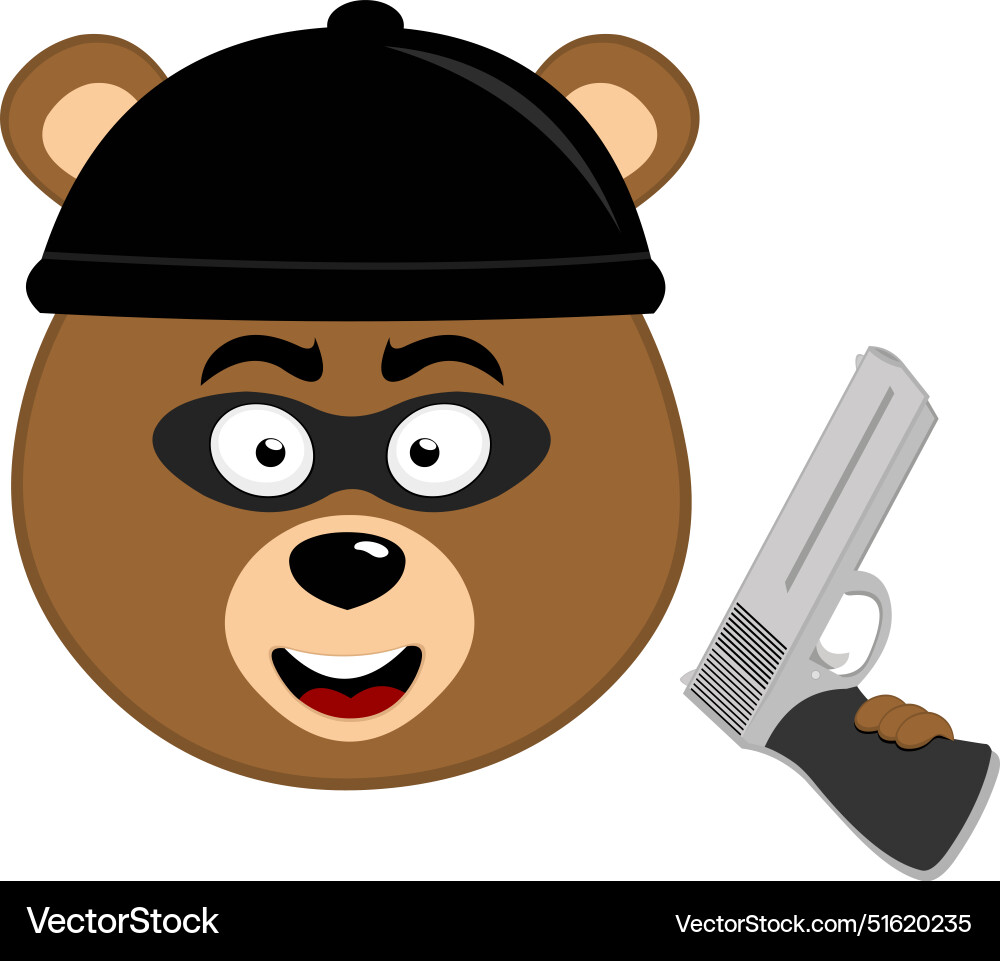 Head brown bear cartoon thief pistol gun Vector Image