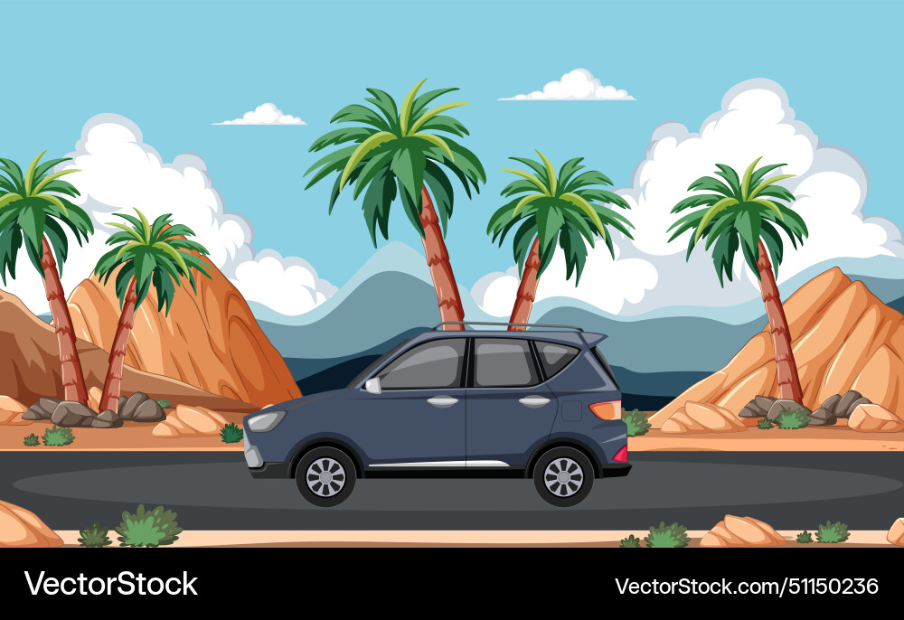 Blue car driving through a desert landscape Vector Image