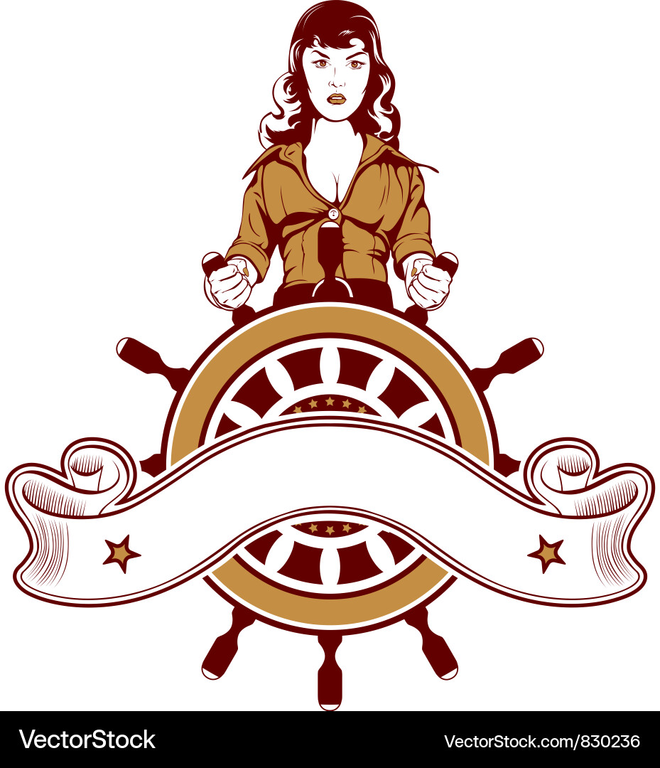 Ship wheel girl emblem Royalty Free Vector Image