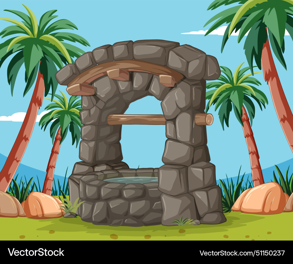 Cartoon stone well in a lush tropical setting Vector Image