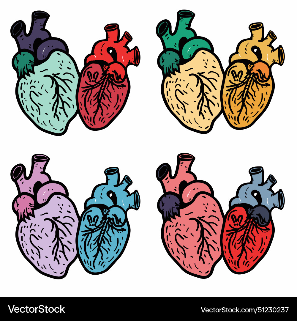 Set colorful human hearts various hues handdrawn Vector Image