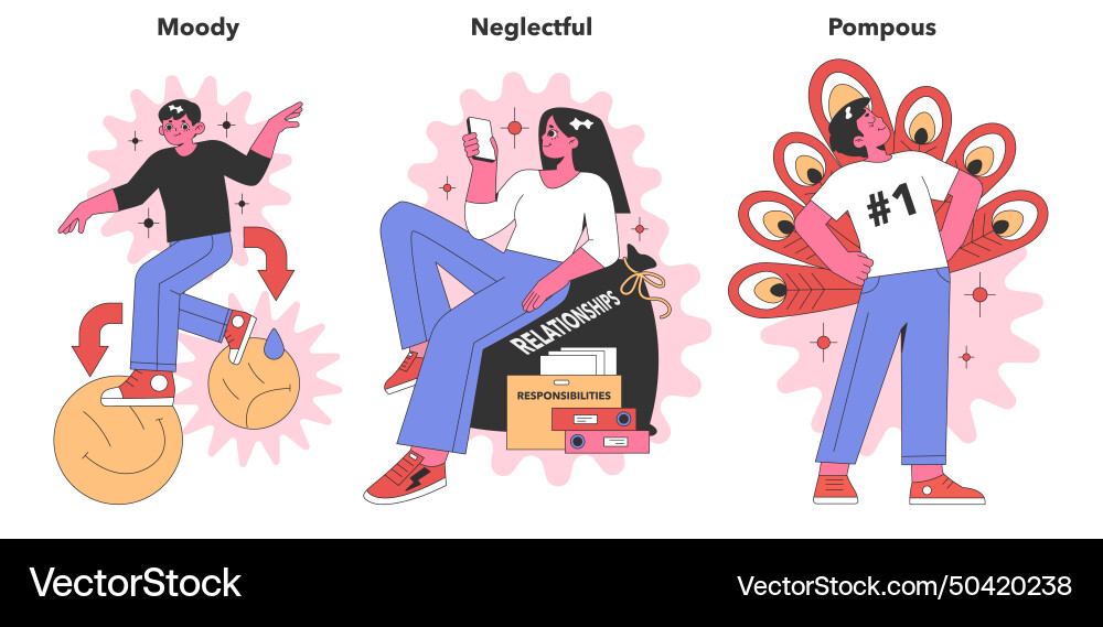 Negative personality traits series flat Royalty Free Vector Negative personality traits series flat Royalty Free Vector