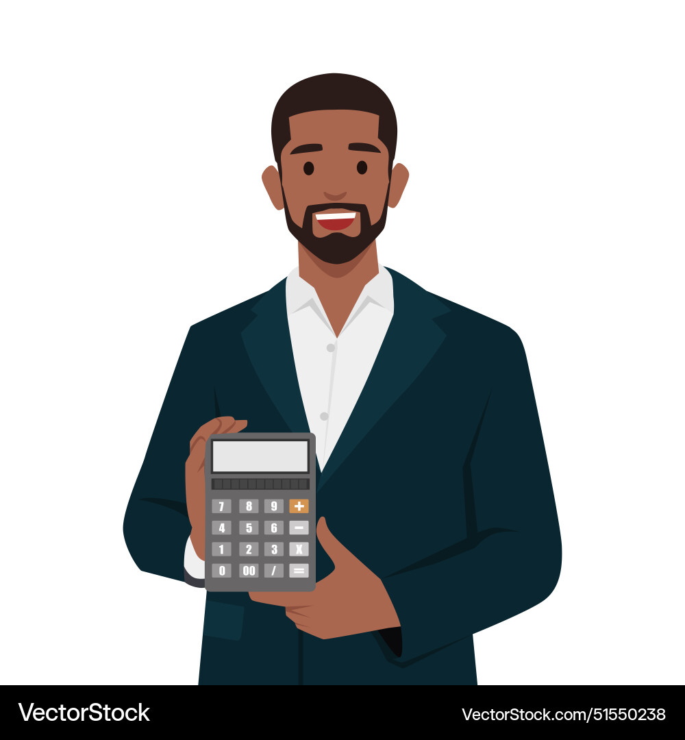 Young bearded man holding a calculator in the Vector Image
