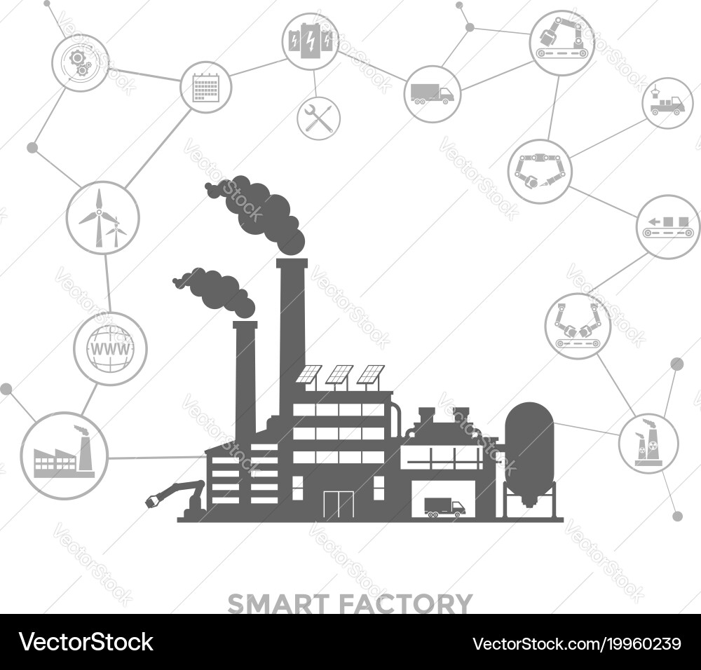 Smart factory and around it icons Royalty Free Vector Image