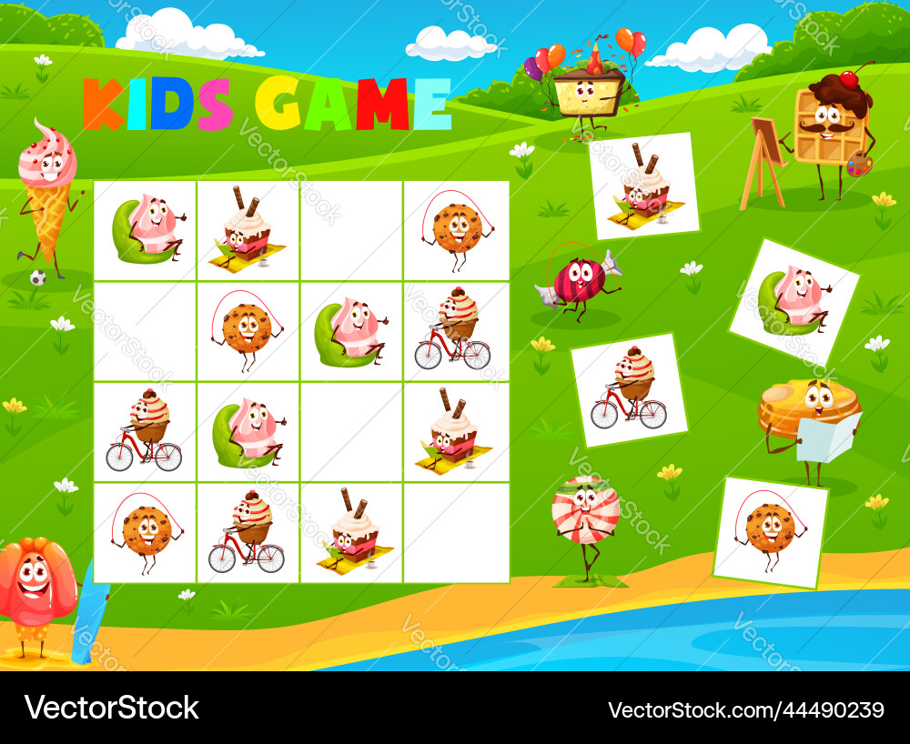 Sudoku game with cartoon cheerful desserts sweets Vector Image