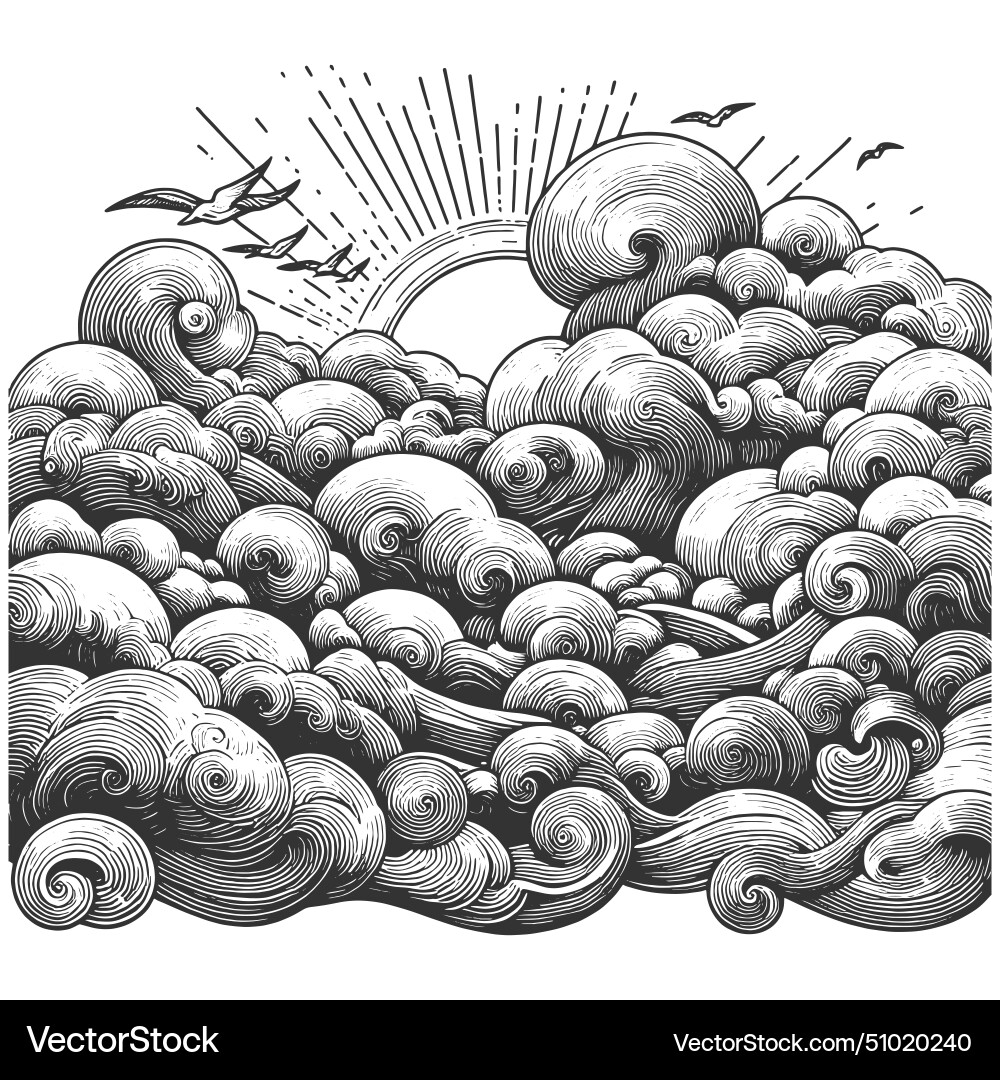 Stylized sun clouds engraving Royalty Free Vector Image