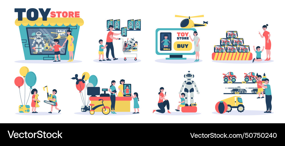 Toy store compositions set Royalty Free Vector Image