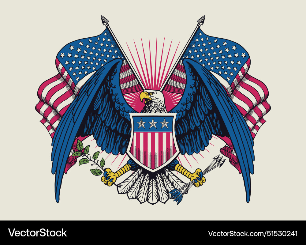Hand drawn of american eagle with flag and shield Vector Image