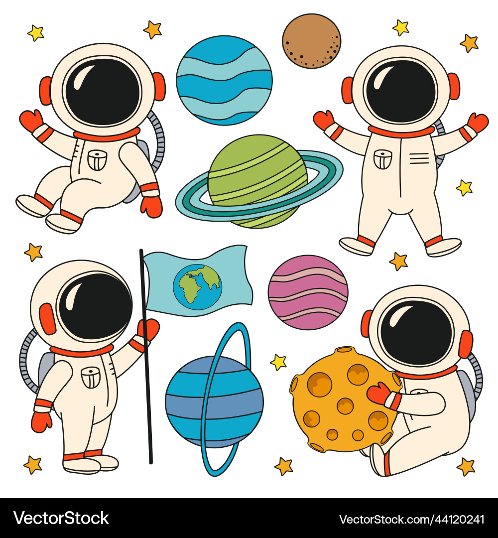 Set of isolated cute astronauts and planets Vector Image