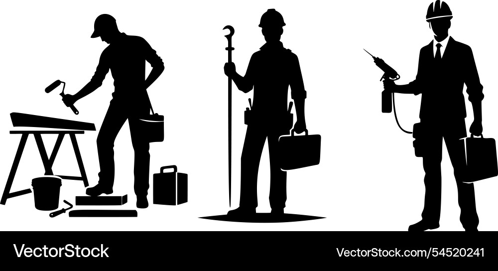 Three construction worker silhouettes Royalty Free Vector