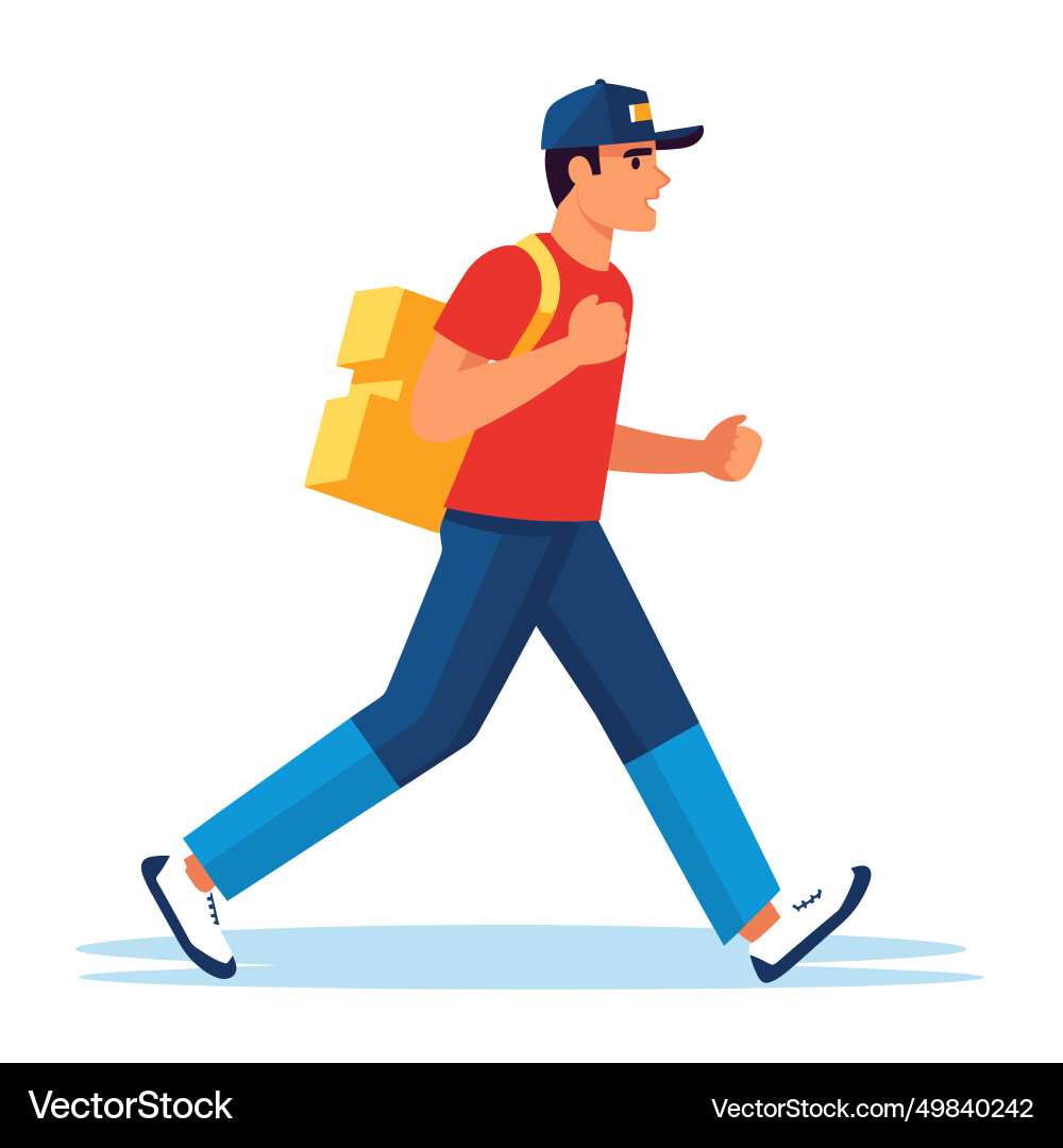A delivery man with backpack is briskly walking Vector Image
