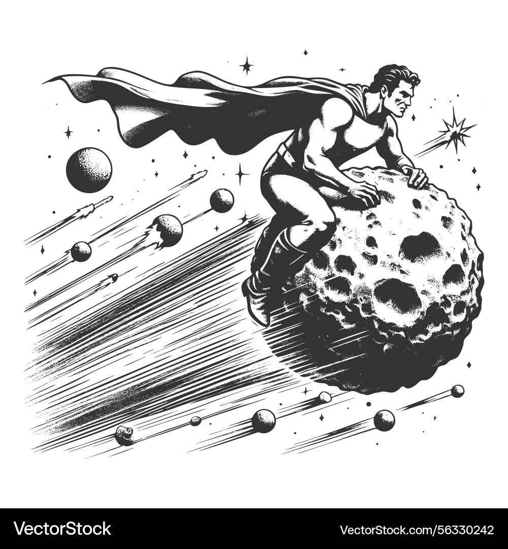 Superhero riding an asteroid through space Vector Image
