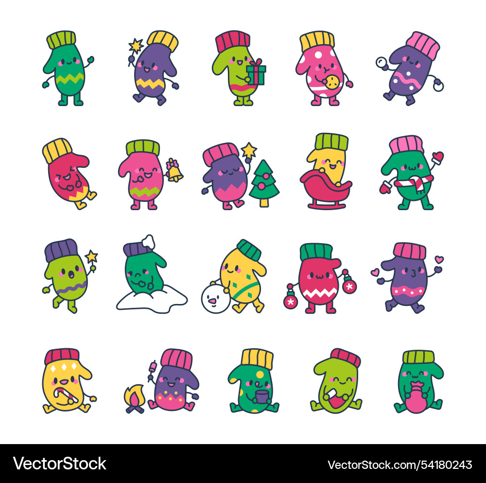 Christmas kawaii mitten characters Royalty Free Vector Image