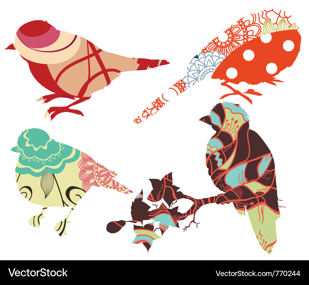 Retro decorate birds set Royalty Free Vector Image