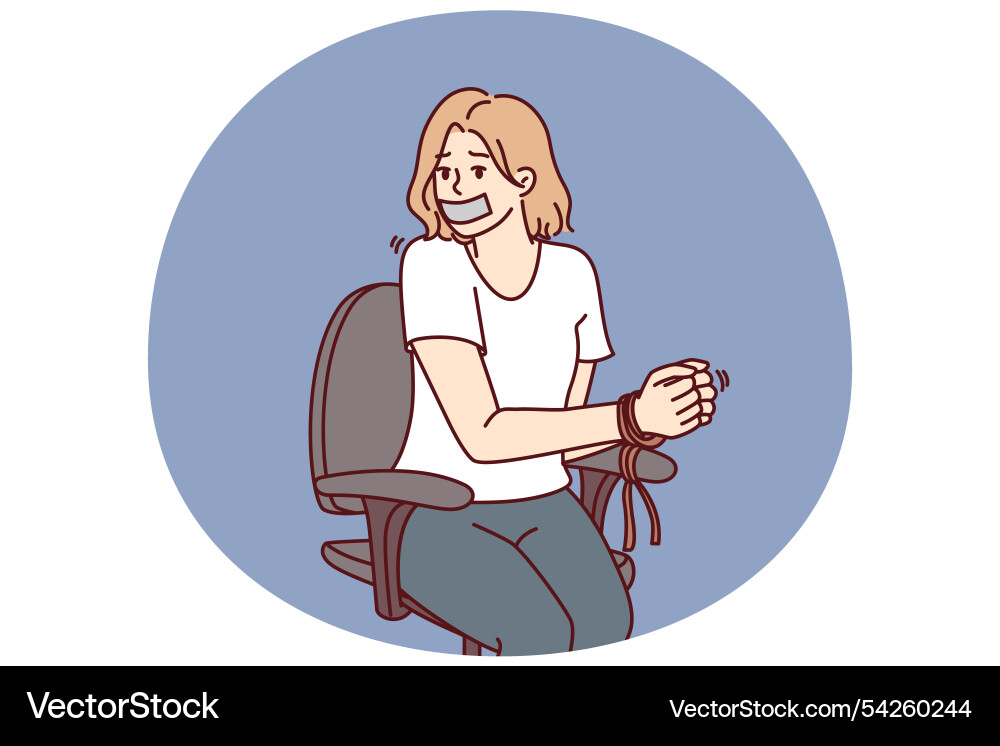 Woman hostage with bound hands sits in chair after