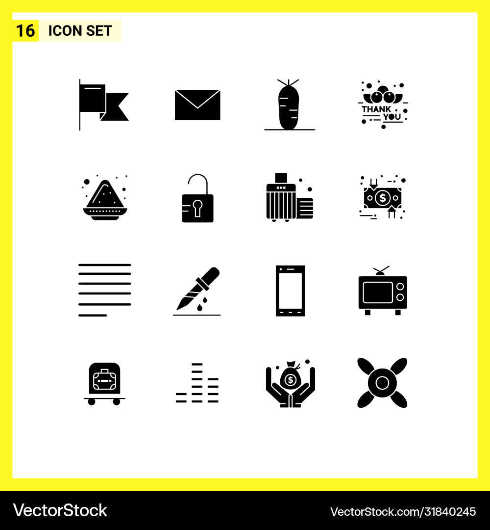 Solid glyph pack 16 universal symbols Royalty Free Vector