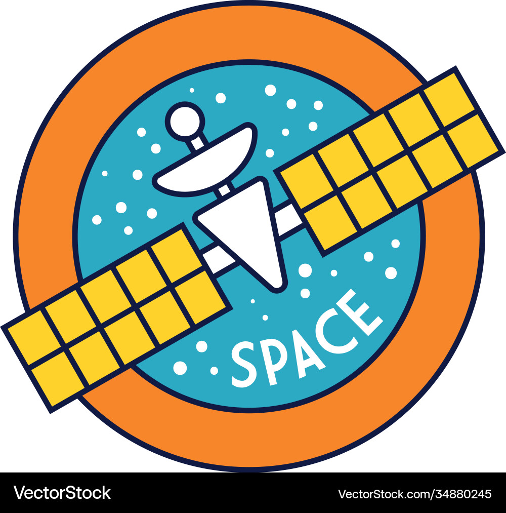 Space circular badge with satellite line and fill Vector Image