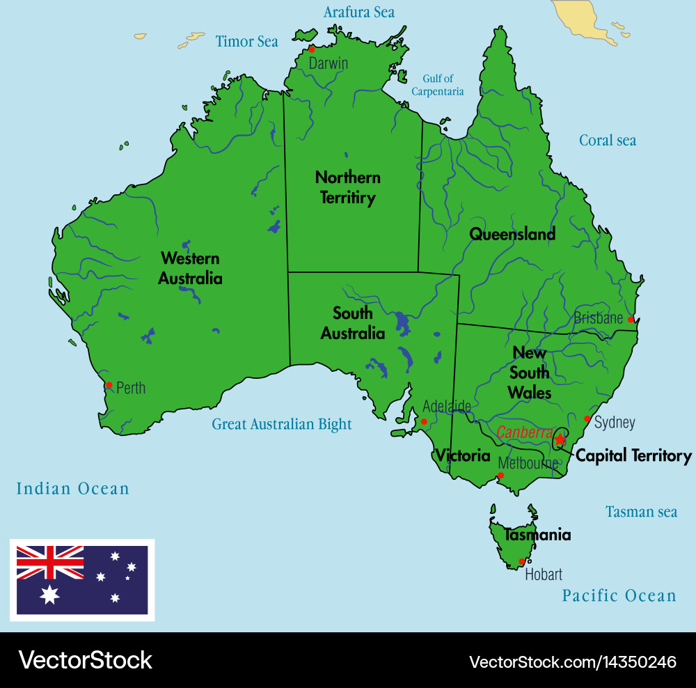 Australia map with regions and their capitals Vector Image
