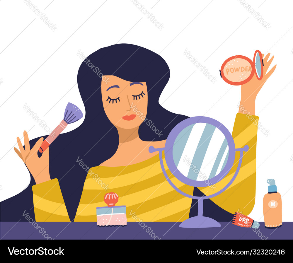 Beautiful young woman character doing make up Vector Image