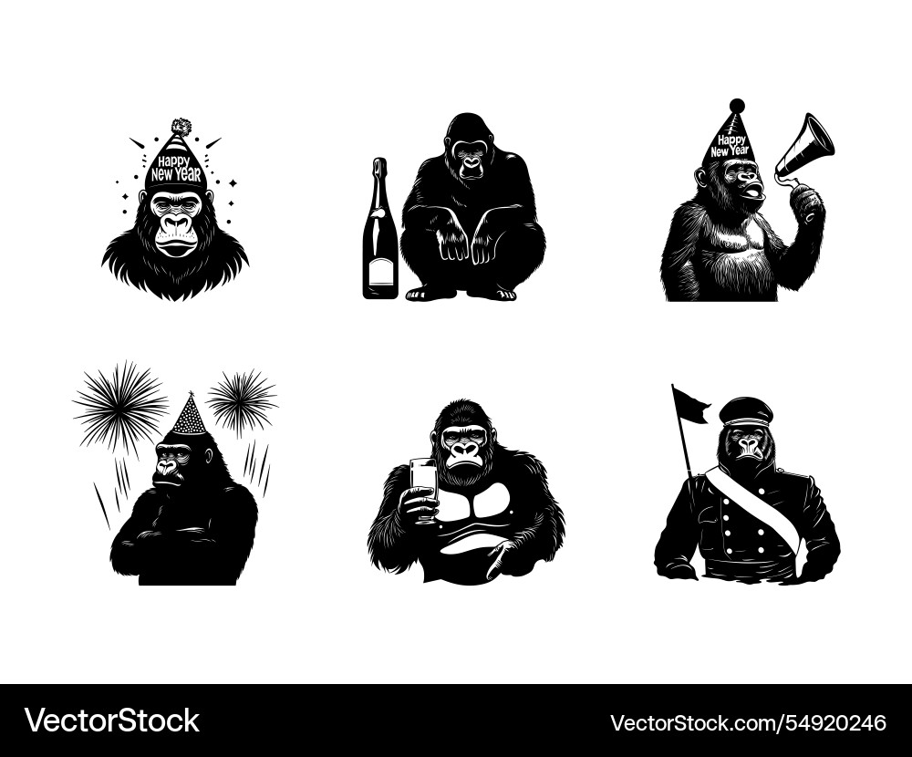 Grumpy gorilla happy new year silhouettes festiv Vector Image