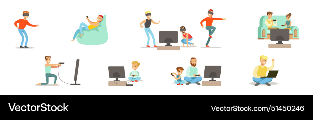 Happy people character playing video game Vector Image