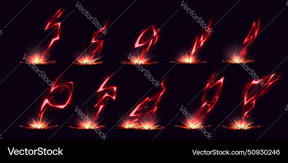 Red lightning strikes set isolated on black Vector Image
