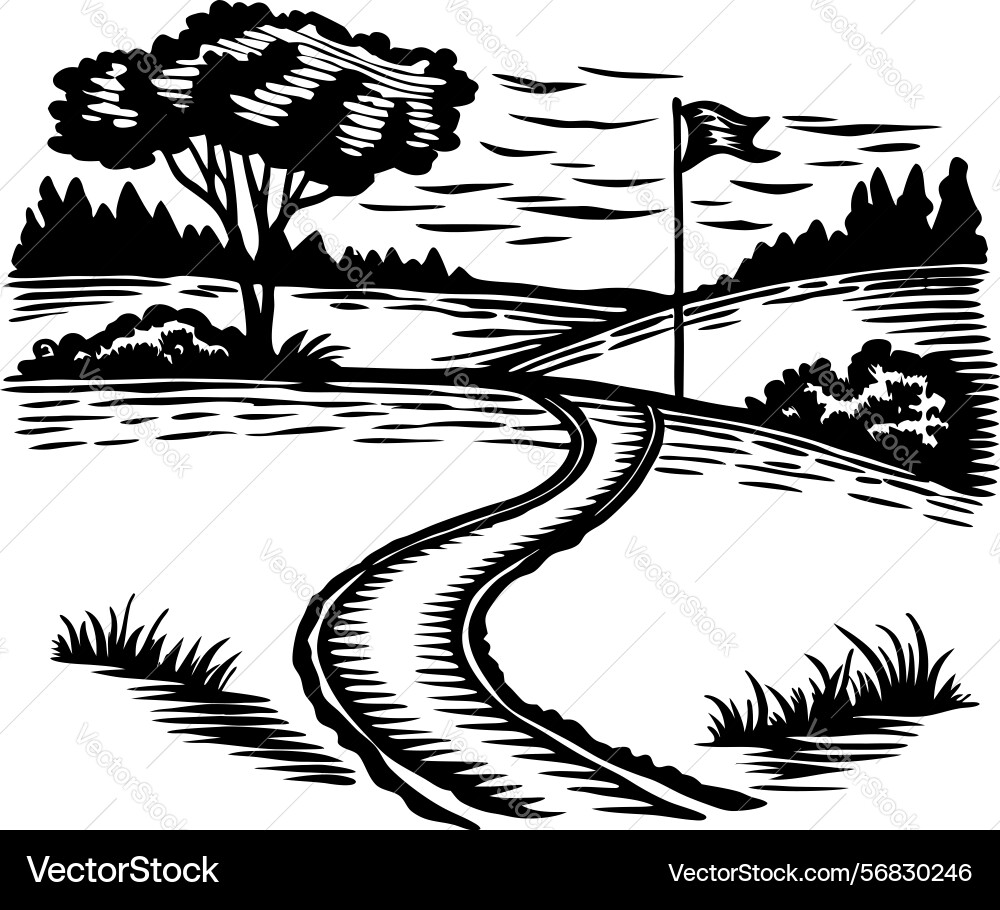 Scenic golf course landscape with winding path Vector Image