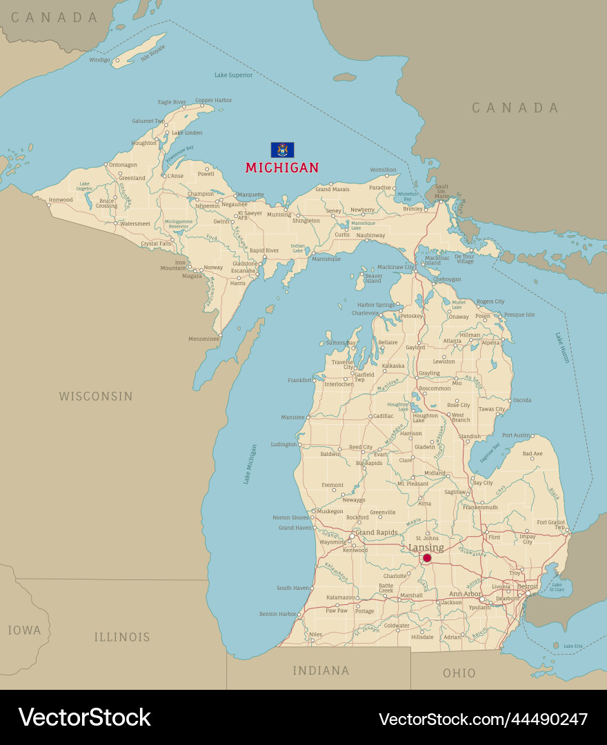 Michigan Road Map - US State Royalty Free Vector Image