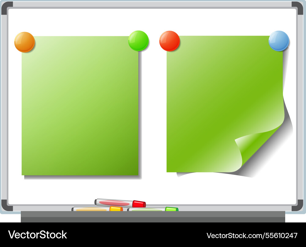 Two green notes pinned on a whiteboard Royalty Free Vector
