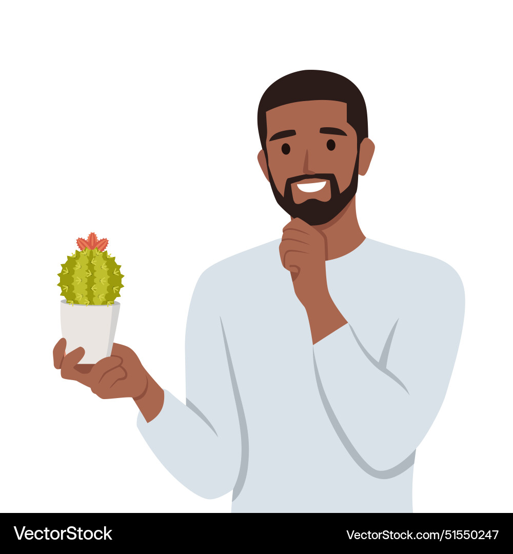 Young bearded man holds a cactus and think Vector Image