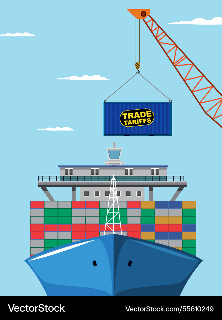 Cargo ship with container labeled trade tariffs Vector Image