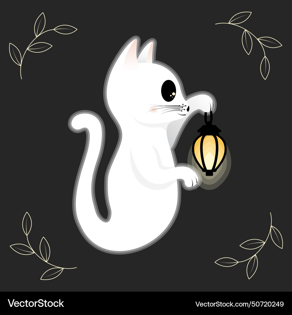 Cute ghost cat with lantern Royalty Free Vector Image