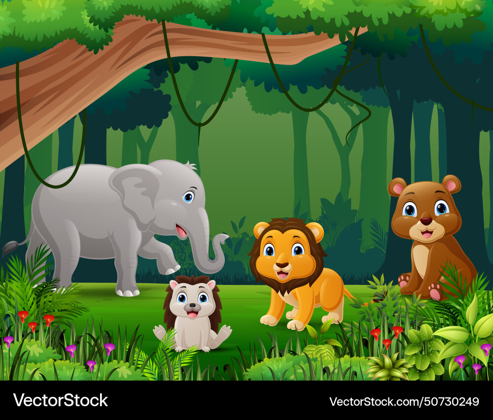 Cute wild animals cartoon in the jungle Royalty Free Vector