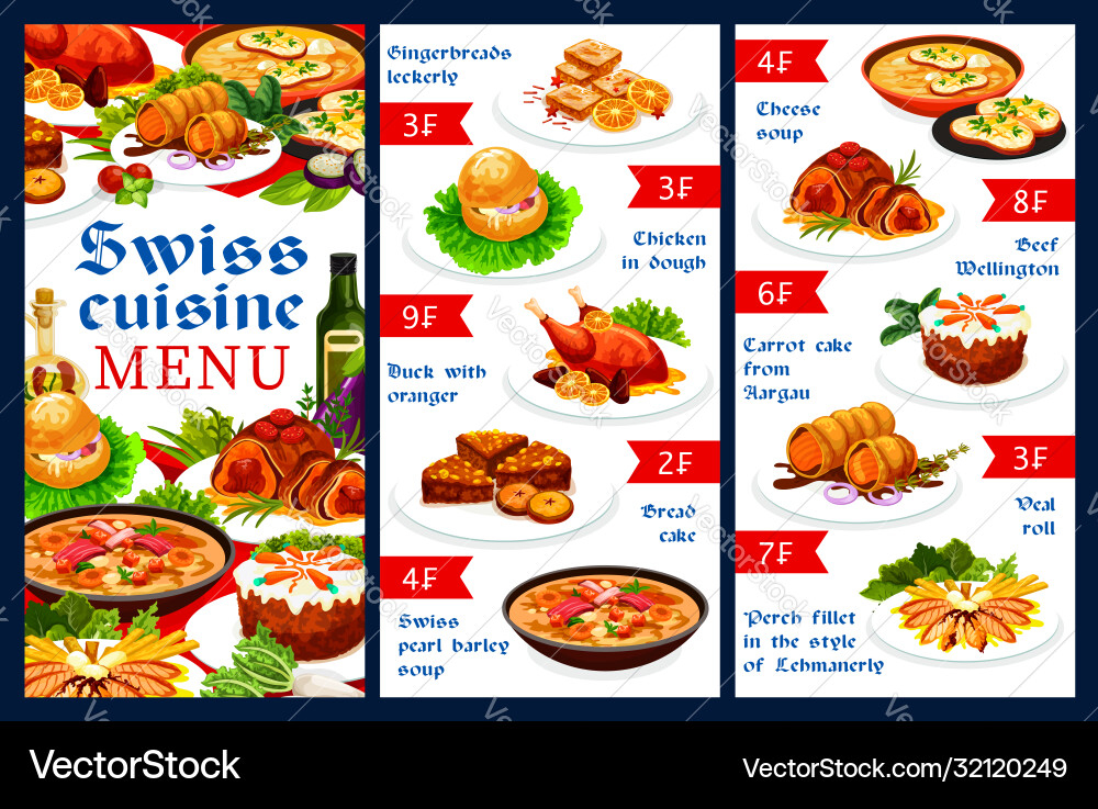 Swiss cuisine restaurant menu with dishes Vector Image