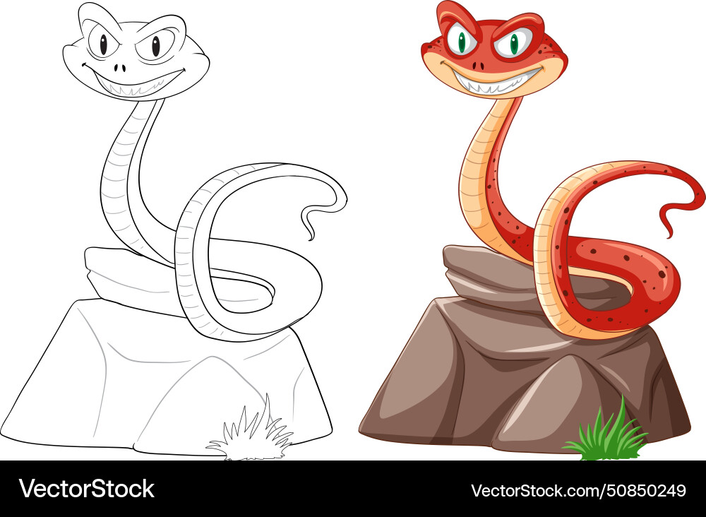 Two smiling snakes on separate stones Royalty Free Vector