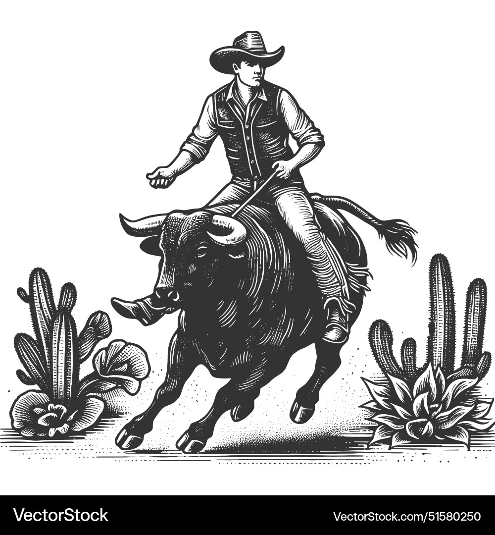 Cowboy riding bull in desert Royalty Free Vector Image