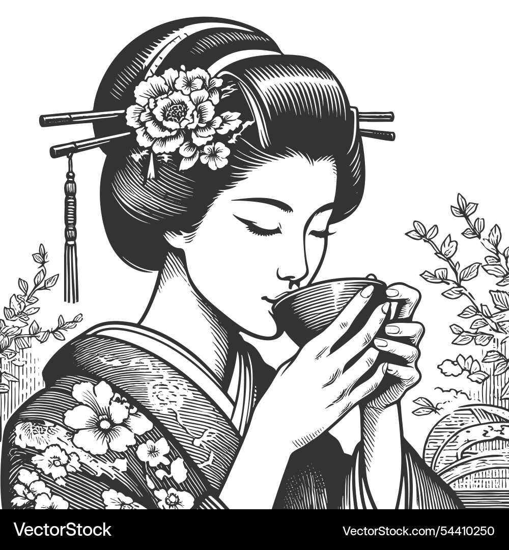 Geisha enjoying tea engraving Royalty Free Vector Image