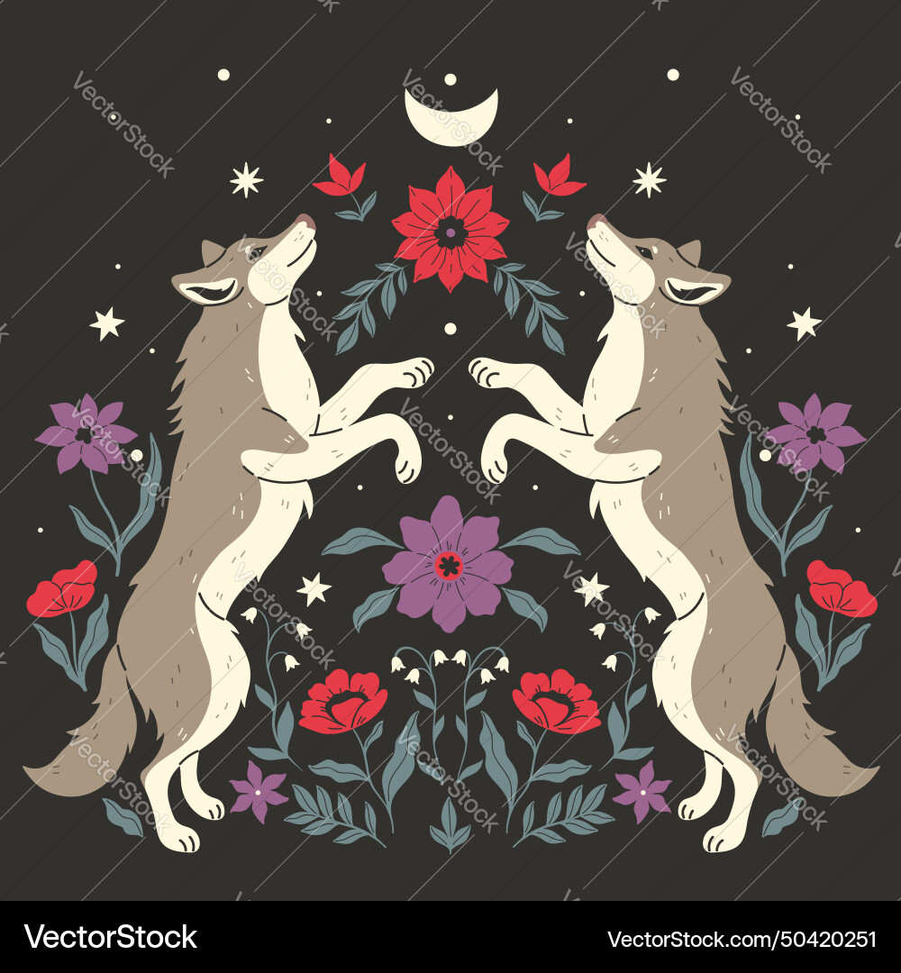 A symmetrical composition of two wolves standing Vector Image