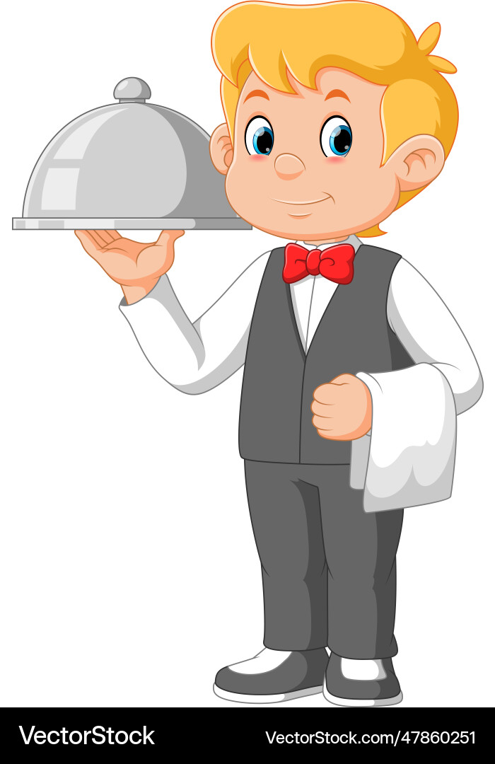 Cartoon Kellner Junge hält eine Servierschale Vektorbild