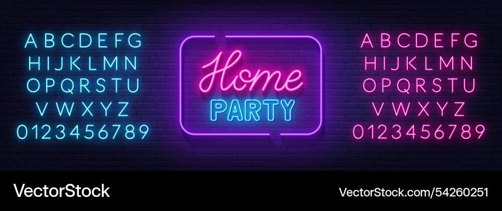 Home party neon text on brick wall background Vector Image