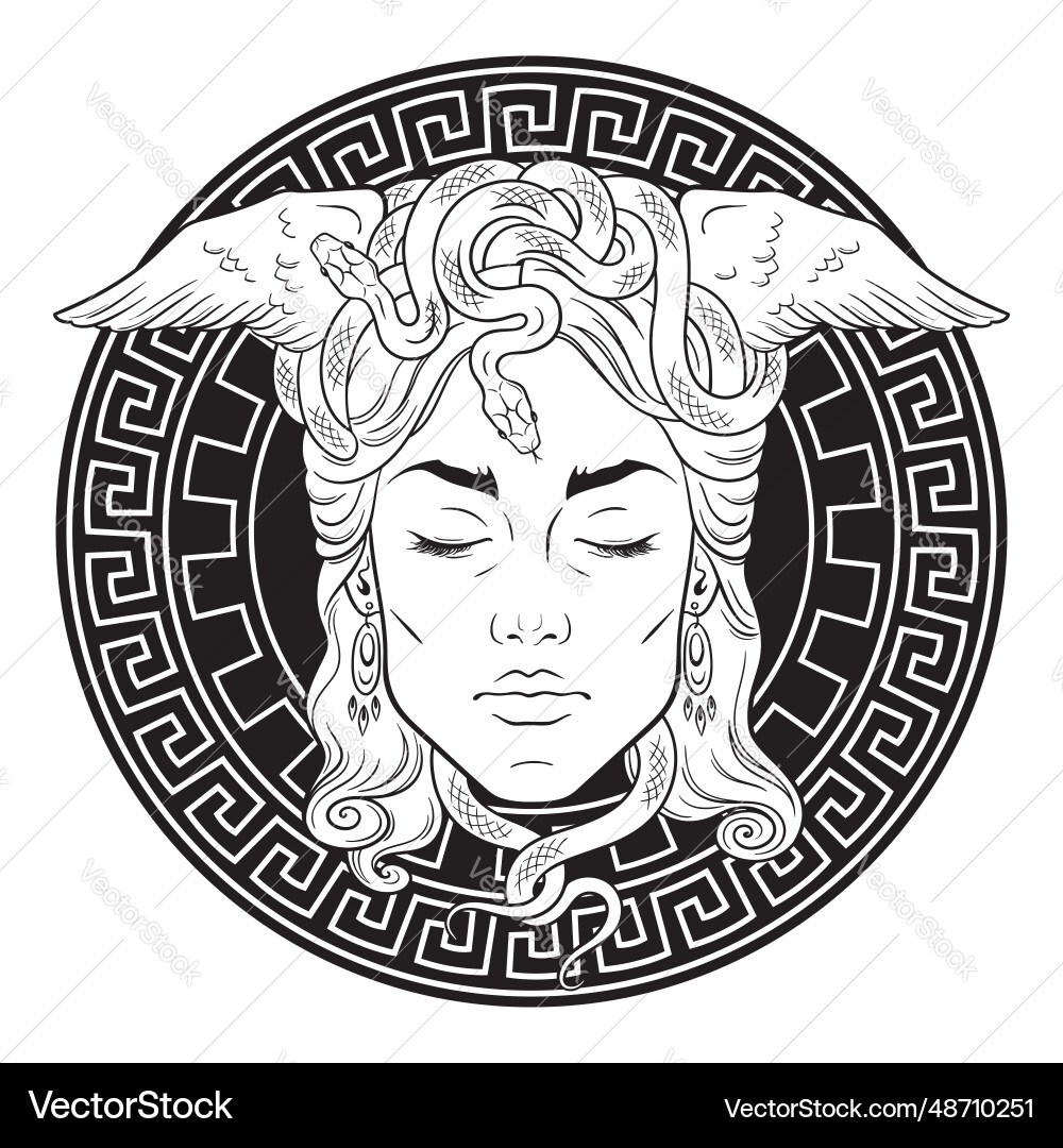 Medusa gorgon head on a meander shield hand drawn Vector Image
