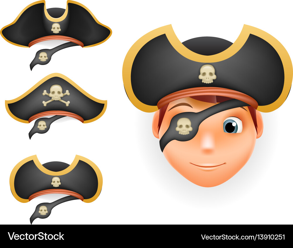 Pirate hats set realistic head isolated template Vector Image