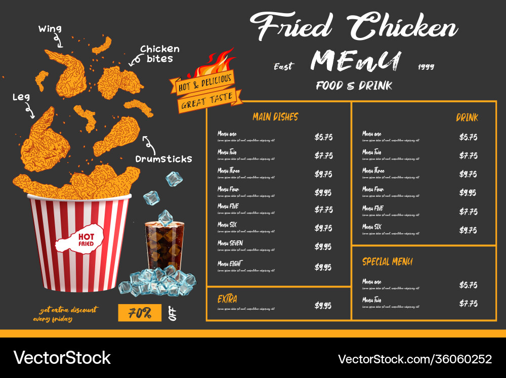 Fried chicken meat fast food menu design elements Vector Image