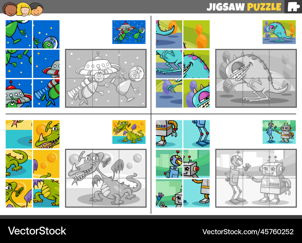 Jigsaw puzzle game set with cartoon fantasy Vector Image