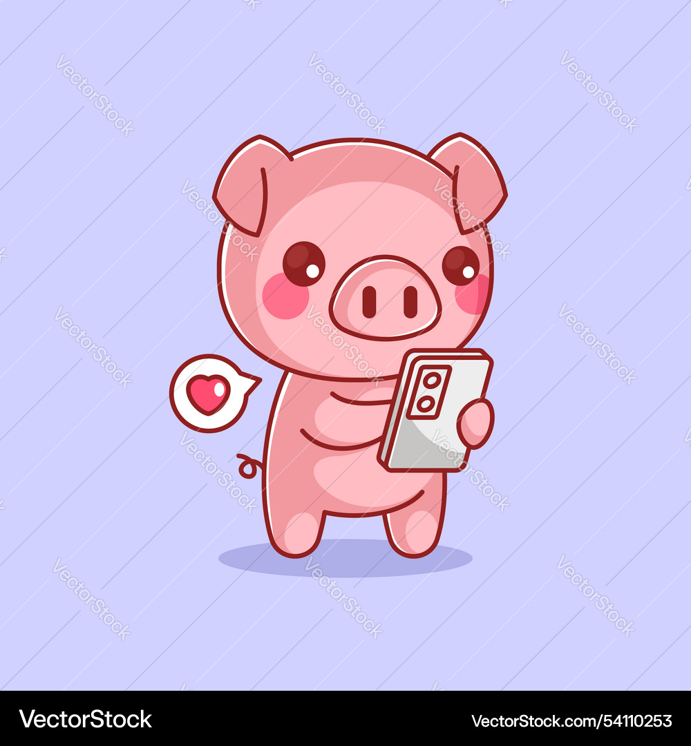 Cute pig playing phone cartoon Royalty Free Vector Image